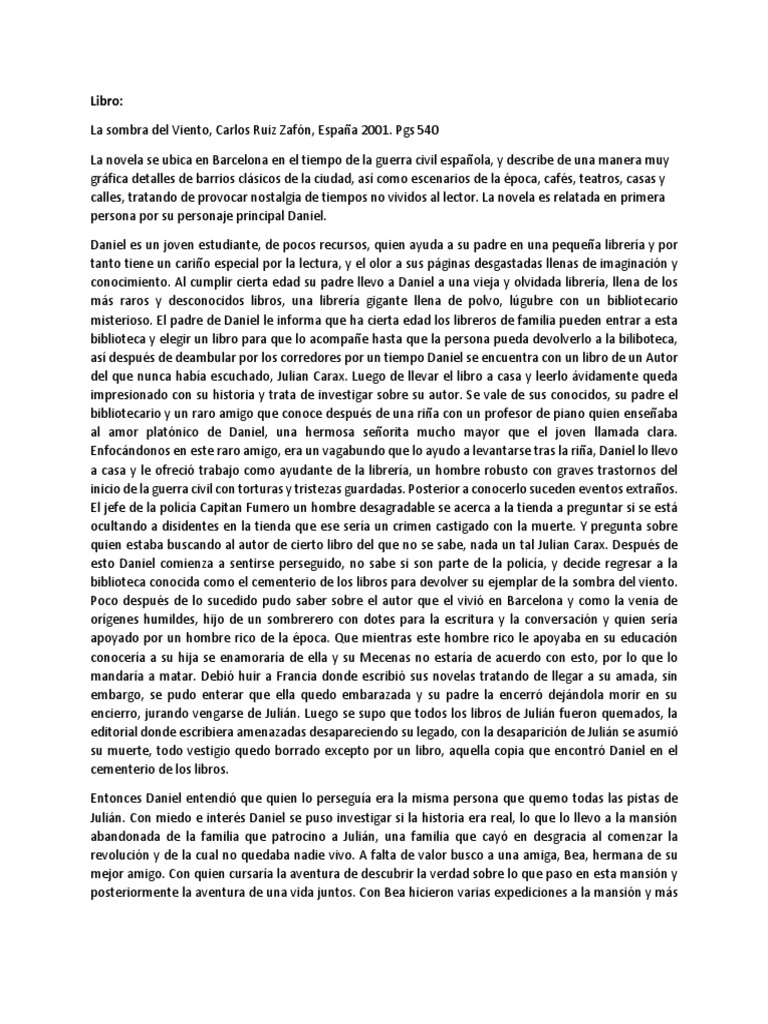 La sombra del viento: Resumen y análisis | PDF | Novelas