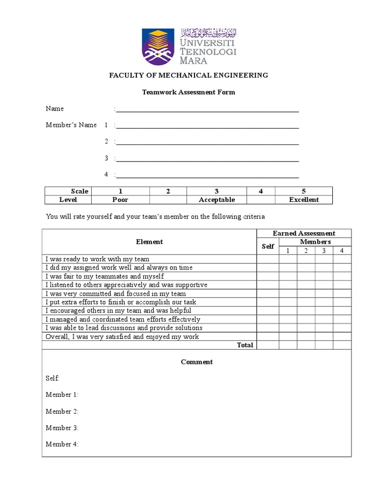 Faculty of Mechanical Engineering Teamwork Assessment Form | PDF