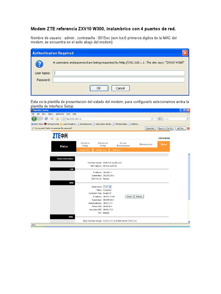 Configuracion Modem ZTE Ref ZXV10 W300 | PDF | Contraseña | Dirección IP