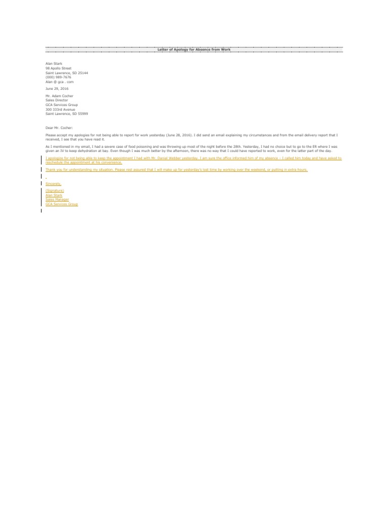 Letter of Apology For Absence From Work | PDF