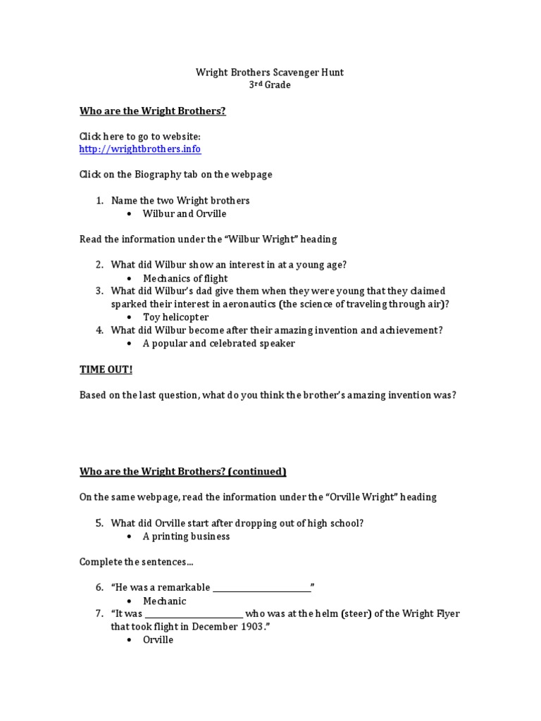 Wright Brothers Scavenger Hunt | PDF | Wright Brothers | Aviation