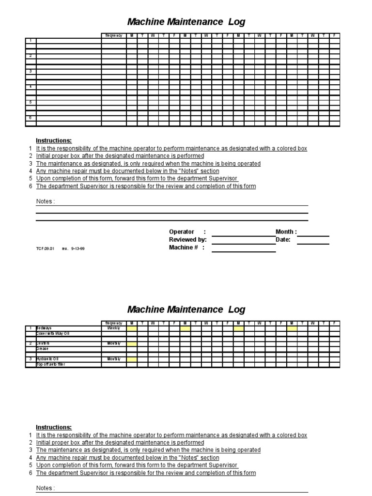 Machine Maintenance Log Template | PDF | Lubricant | Machines