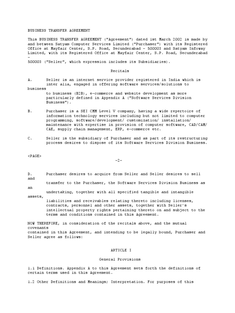 Business Transfer Agreement | PDF | Indemnity | Security Interest