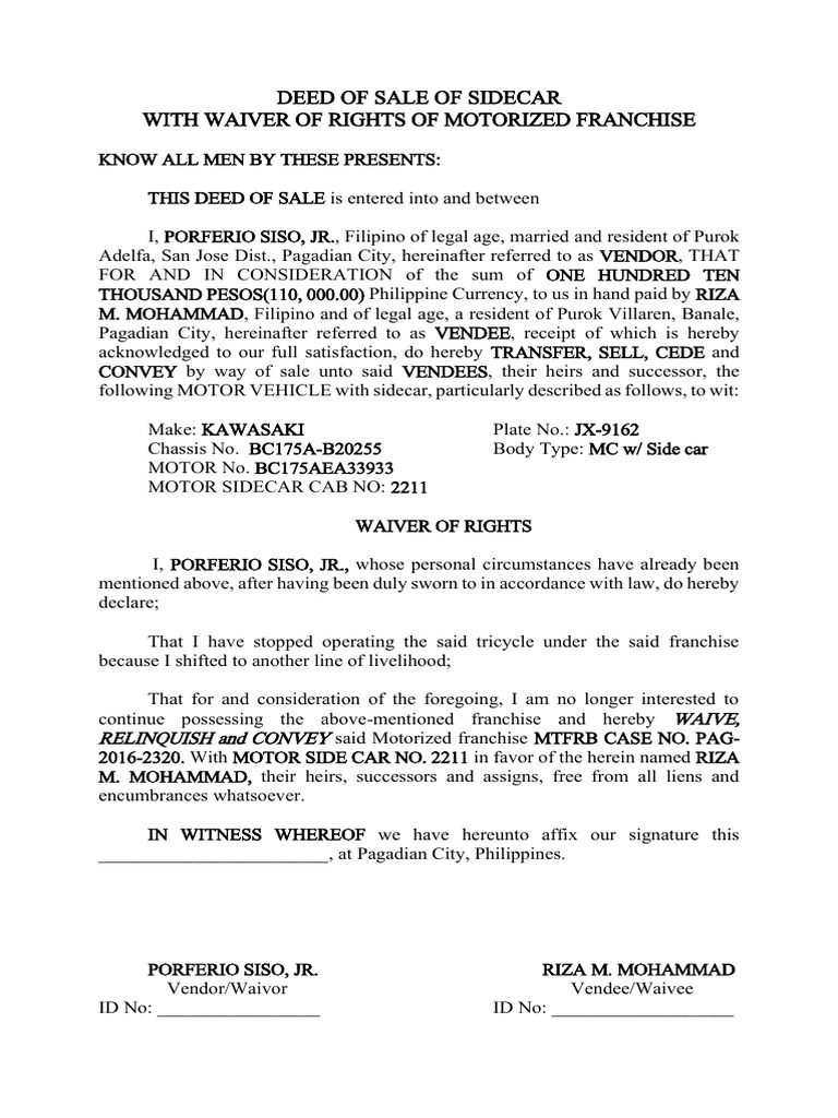Deed of Sale of Sidecar. Legaspi Cabatcha | PDF | Property Law | Civil ...
