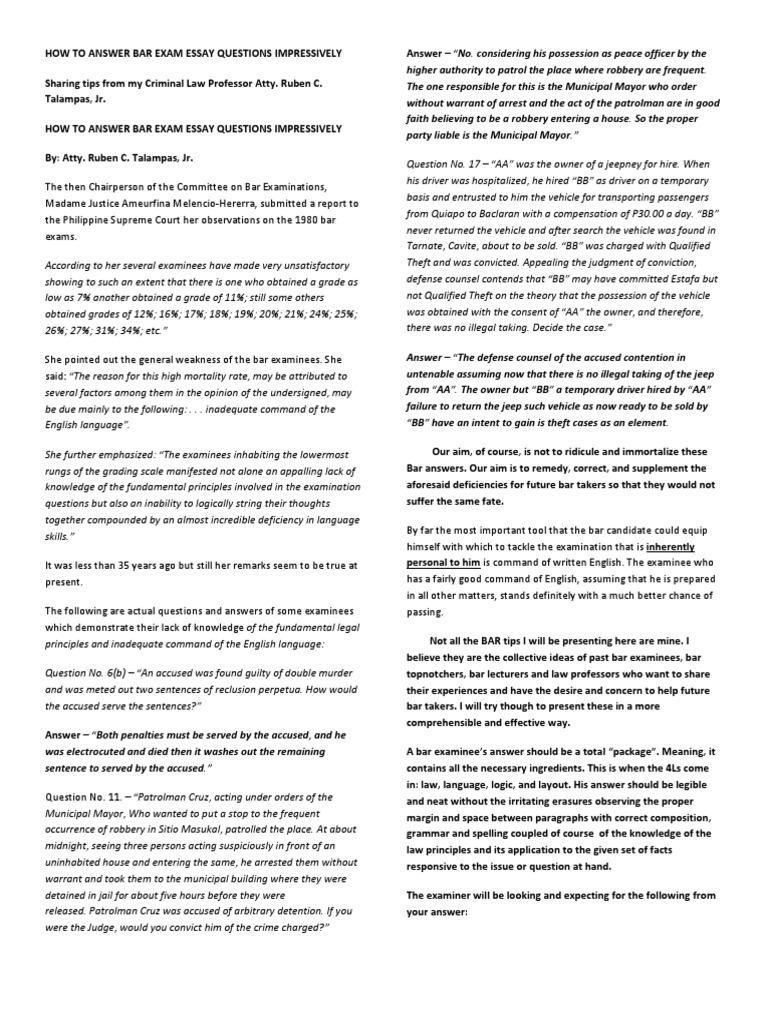 Mastering Bar Exam Essay Responses | PDF | Supreme Courts | Question