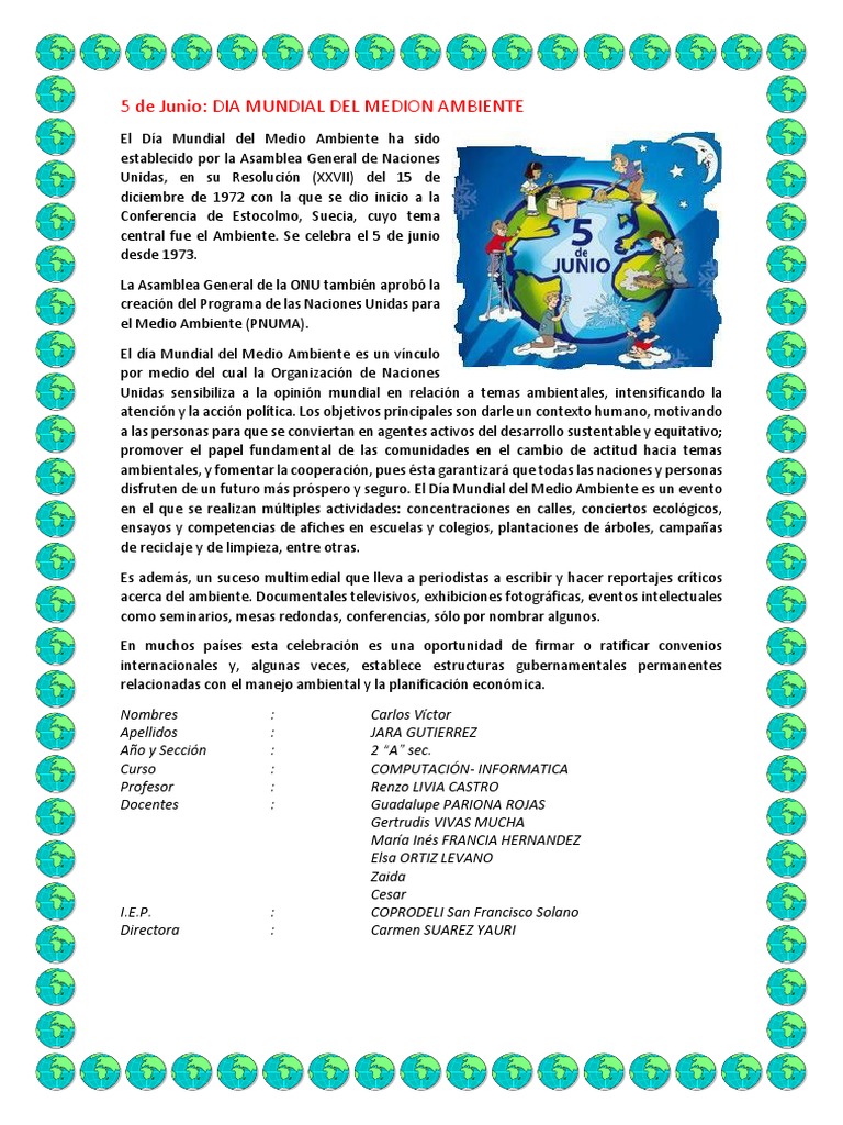 Día Mundial del Medio Ambiente: 5 de junio | PDF | Entorno natural ...
