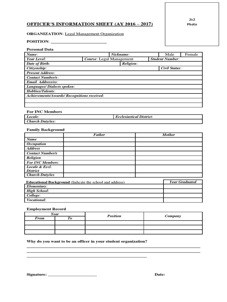 Officer Information Sheet Template | PDF