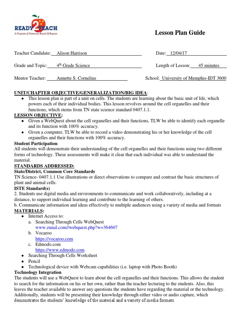 Lesson Plan Guide: Unit/Chapter Objective/Generalization/Big Idea | PDF ...