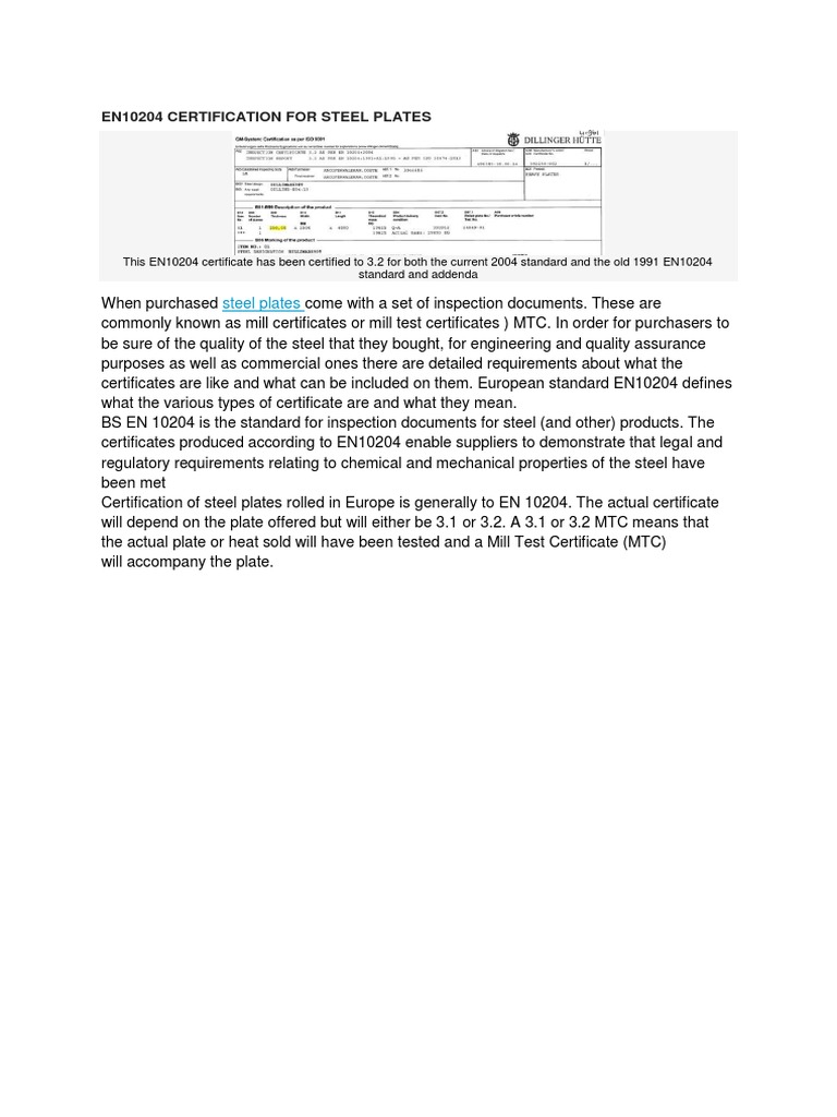 En10204 Certification For Steel Plates | PDF | Structural Steel ...