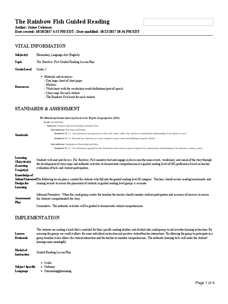 The Rainbow Fish Guided Reading Lesson Plan | PDF | Reading ...
