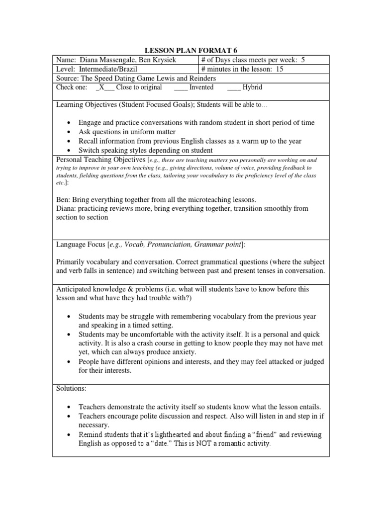 Speed Dating Activity Lesson Plan | PDF | Conversation | Lesson Plan