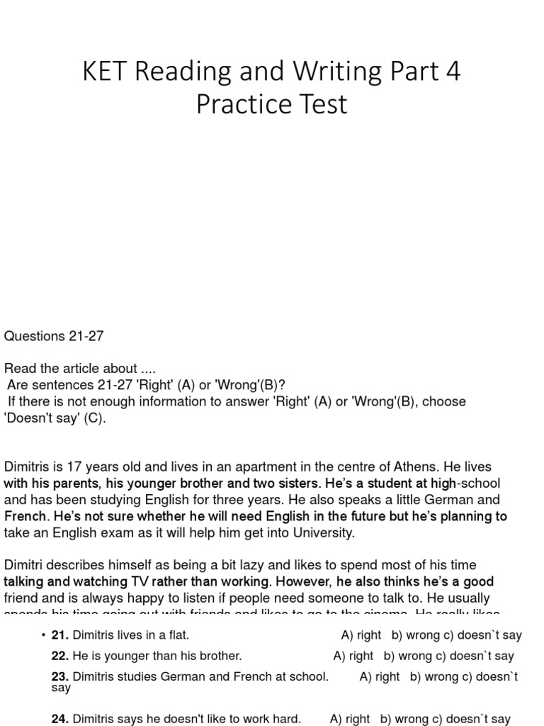 KET Reading & Writing Test Part 4 | PDF