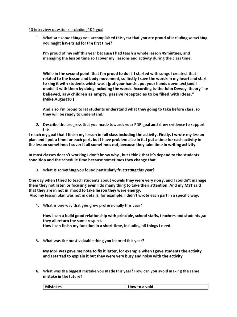 10 Interview Questions Including PDP Goal Et-2 | PDF | Education Theory ...
