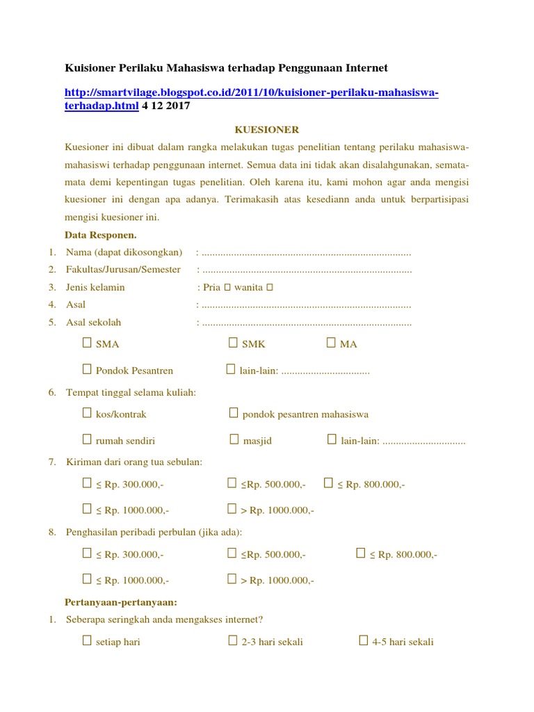 Kuisioner Perilaku Mahasiswa Terhadap Penggunaan Internet | PDF