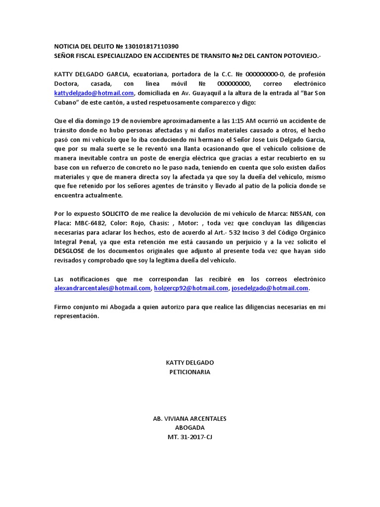 Modelo de Escrito para Devolucion de Auto | PDF | Finanzas y dinero ...