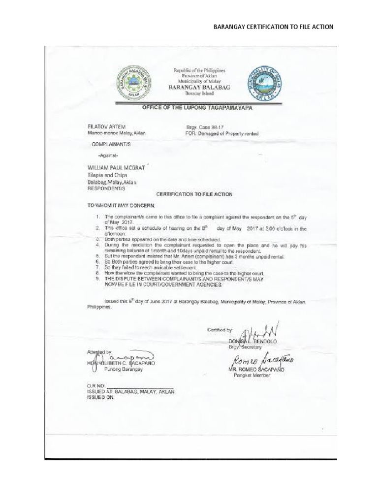Barangay Certification To File Action | PDF