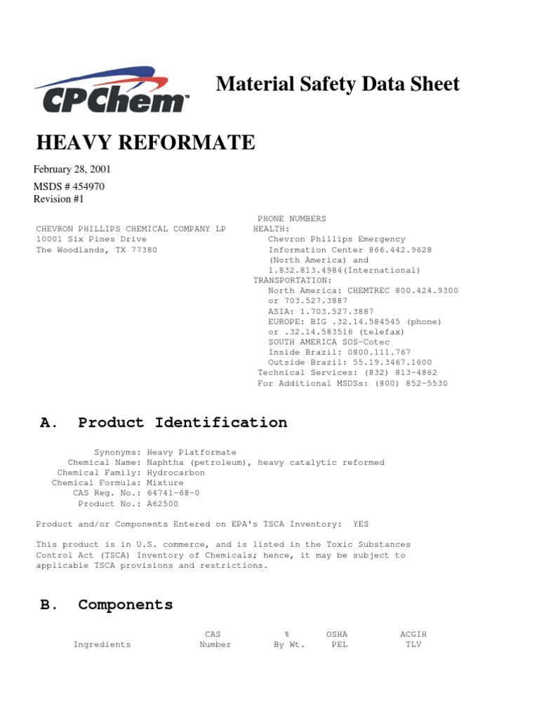 Material Safety Data Sheet: A. Product Identification | PDF | Dangerous ...