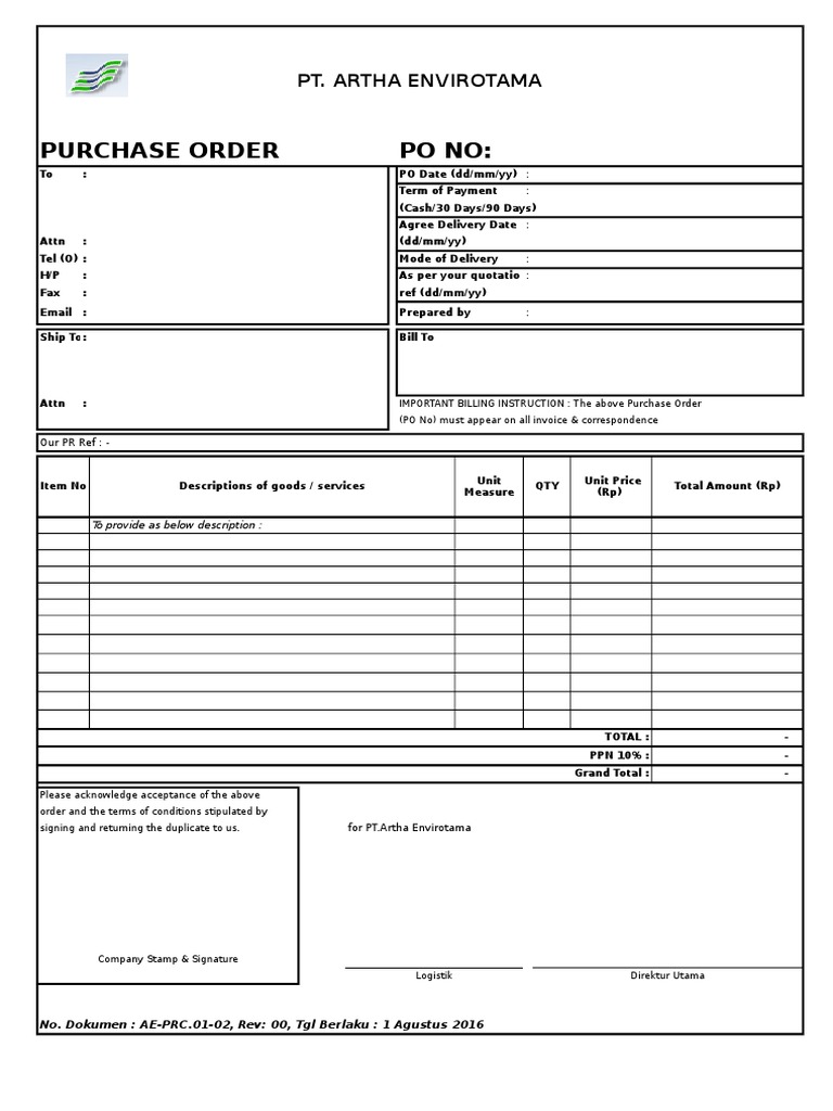 Purchase Order Po No:: Pt. Artha Envirotama | Download Free PDF ...