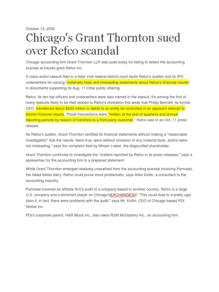Chicago's Grant Thornton Sued Over Refco Scandal: Exchanges | PDF