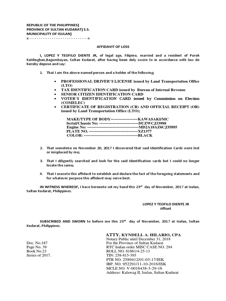 Affidavit of Loss - ID's | Identity Document | Affidavit
