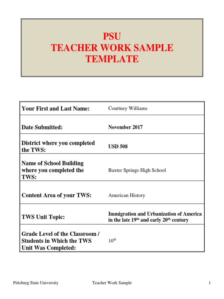 PSU Teacher Work Sample Template: Courtney Williams | PDF | Educational ...