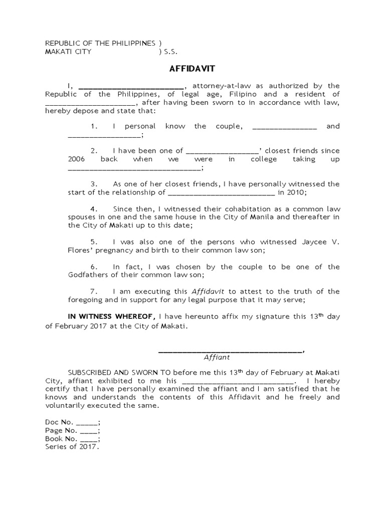 Affidavit: IN WITNESS WHEREOF, I Have Hereunto Affix My Signature This ...