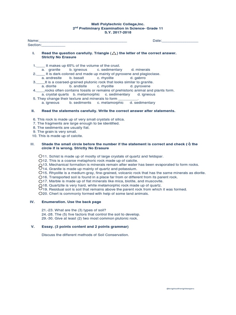 Grade 11 & 12 2nd Prelim Exam | PDF | Rock (Geology) | Igneous Rock