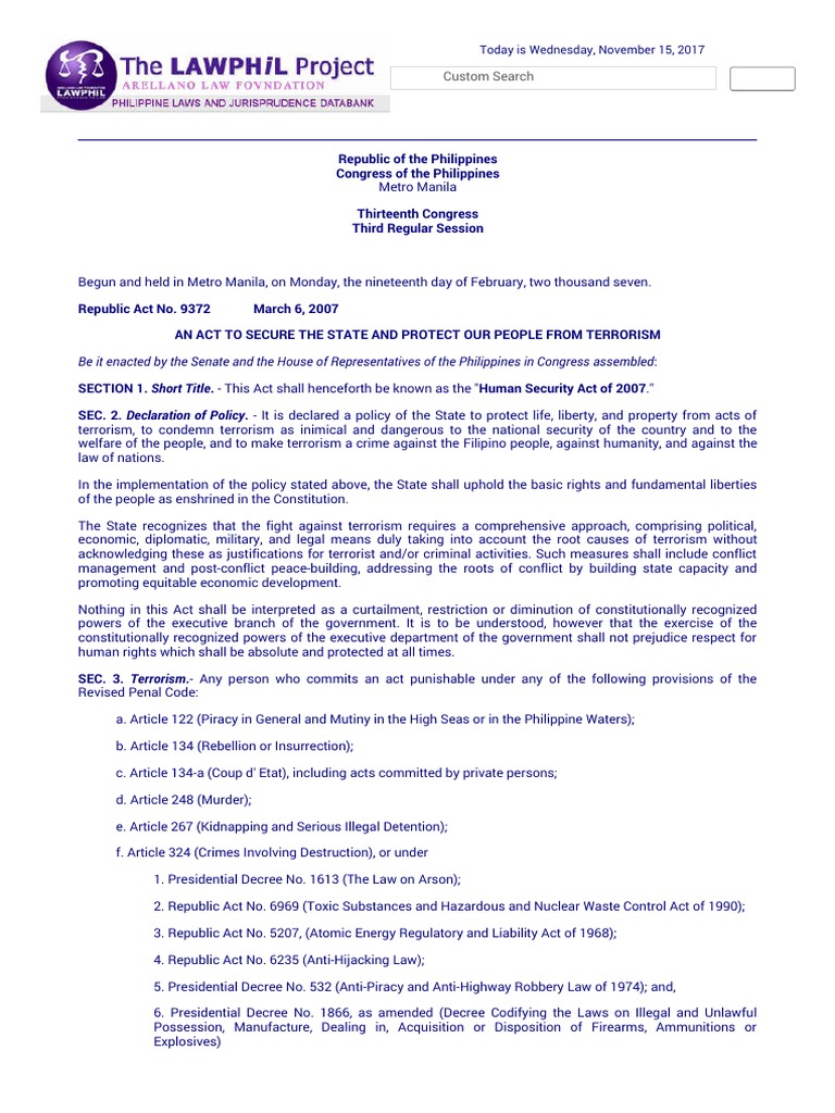 An Analysis of Republic Act No. 9372: The Human Security Act of 2007 | PDF | Arrest | Detention ...