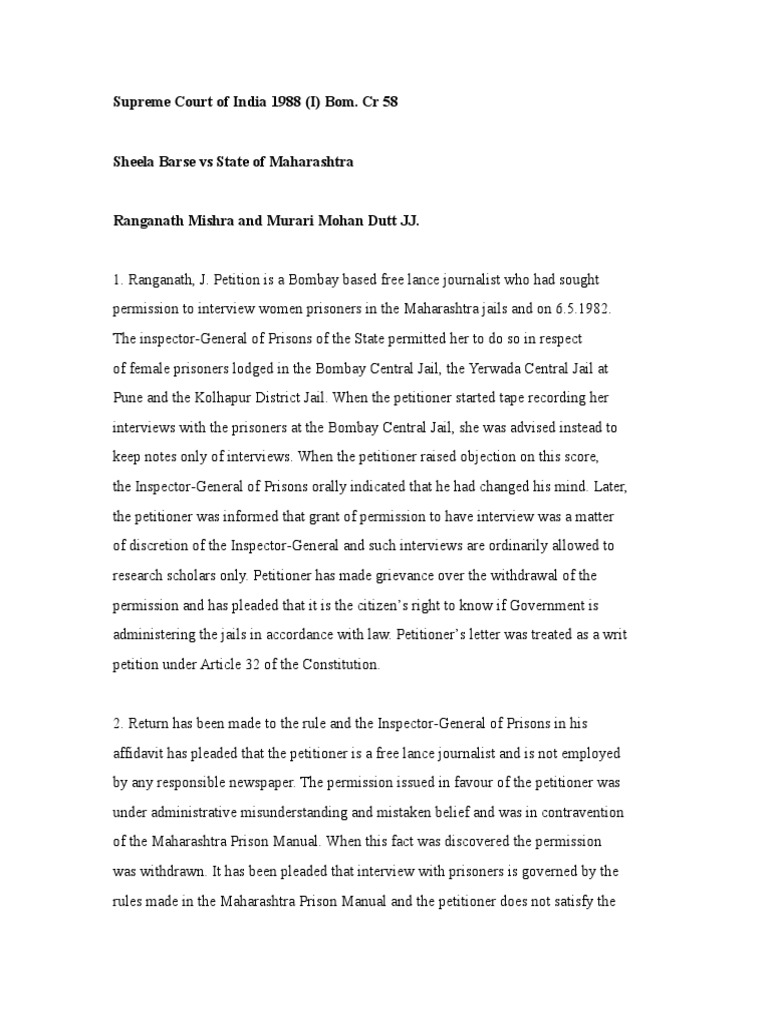 Sheela Barse vs. Maharashtra Case Summary | PDF | Ethical Principles ...