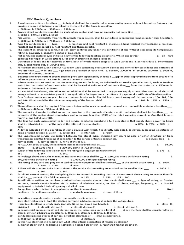 PEC Review Questions: Electrical Code and Standards for Professionals ...