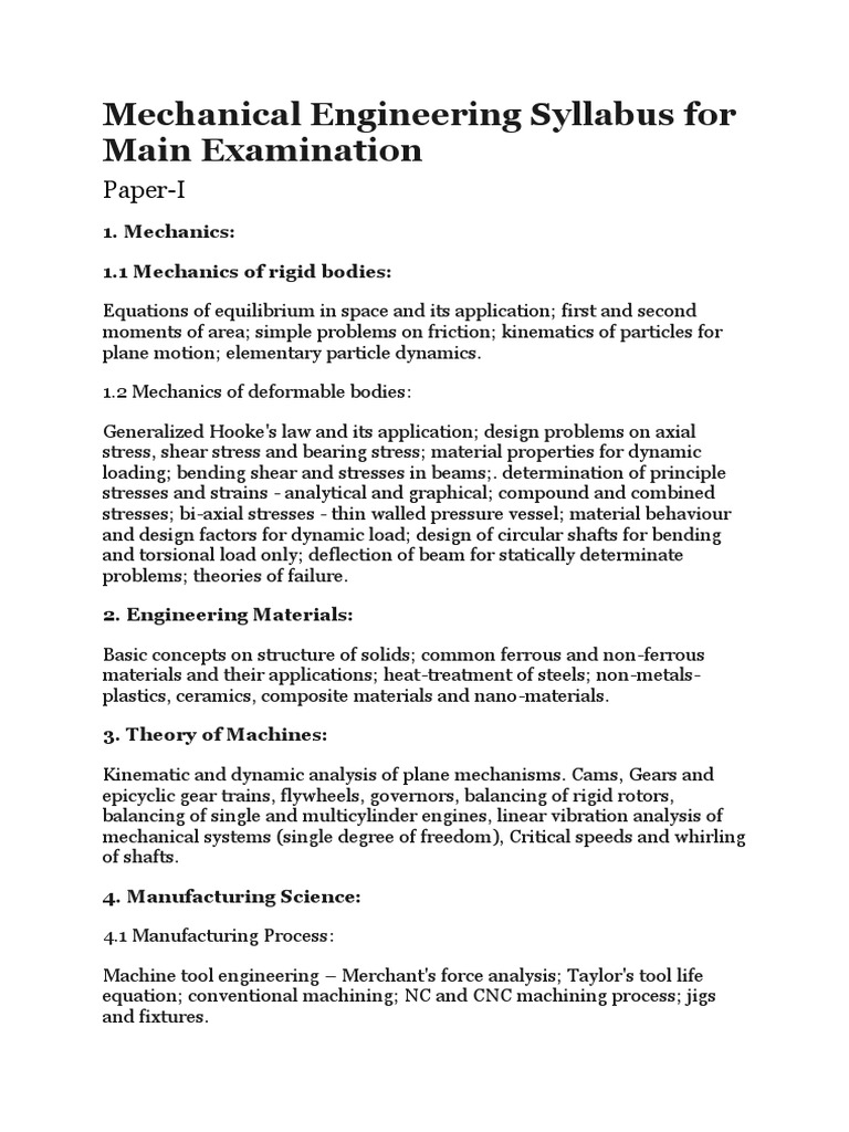 Mechanical Engineering Syllabus For Main Examination | PDF | Stress (Mechanics) | Fluid Dynamics