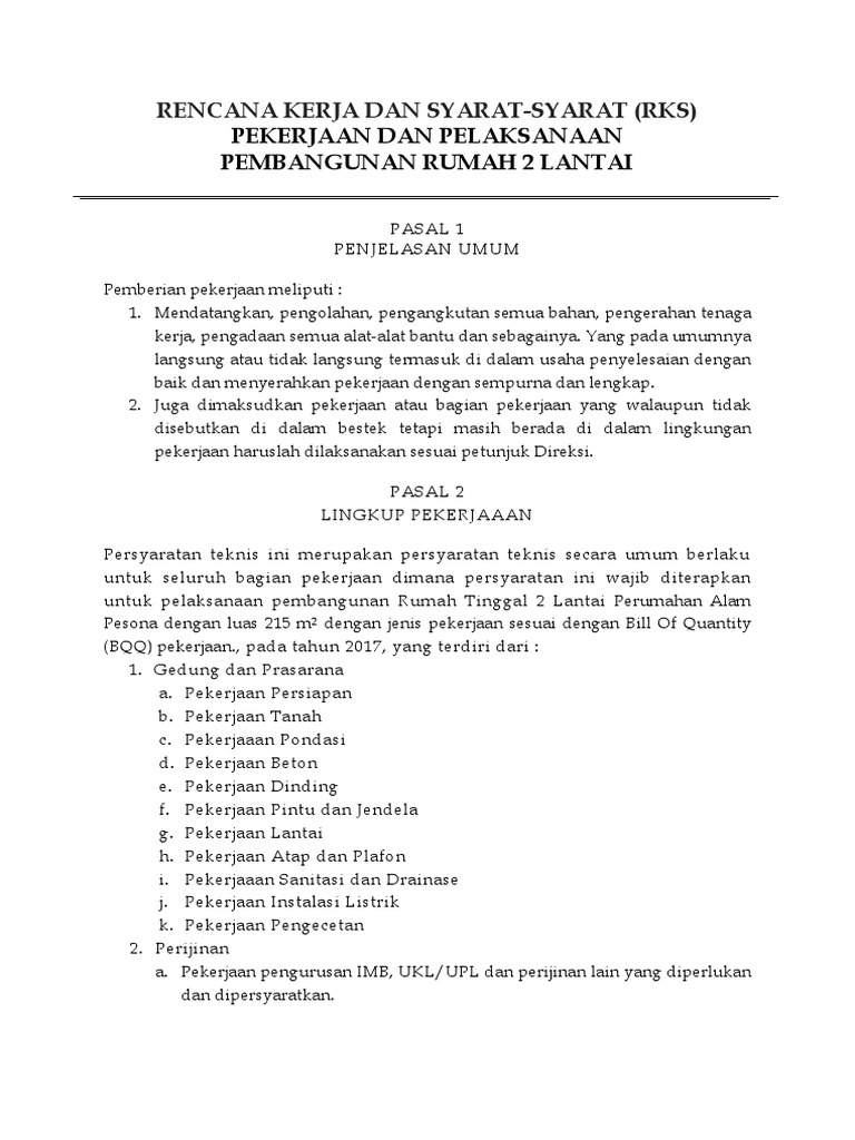 Contoh RKS Bangunan Rumah Tinggal 2 Lantai | PDF