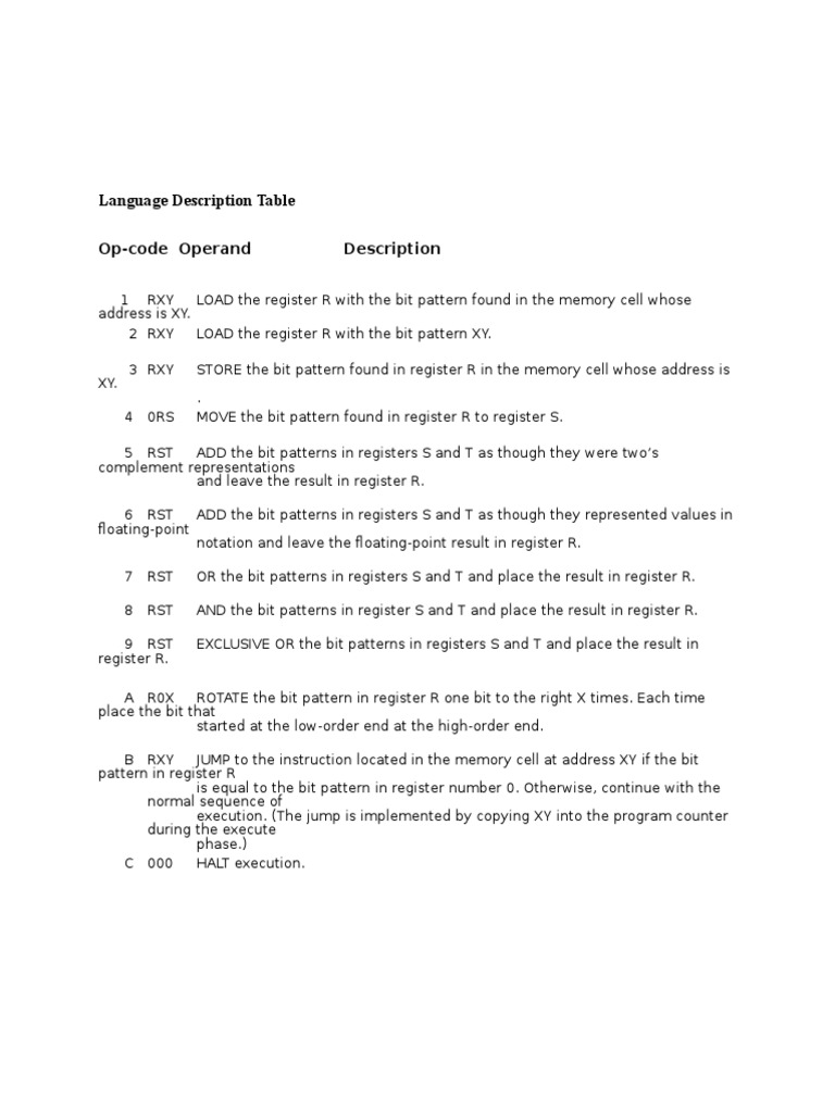 Language Description Table