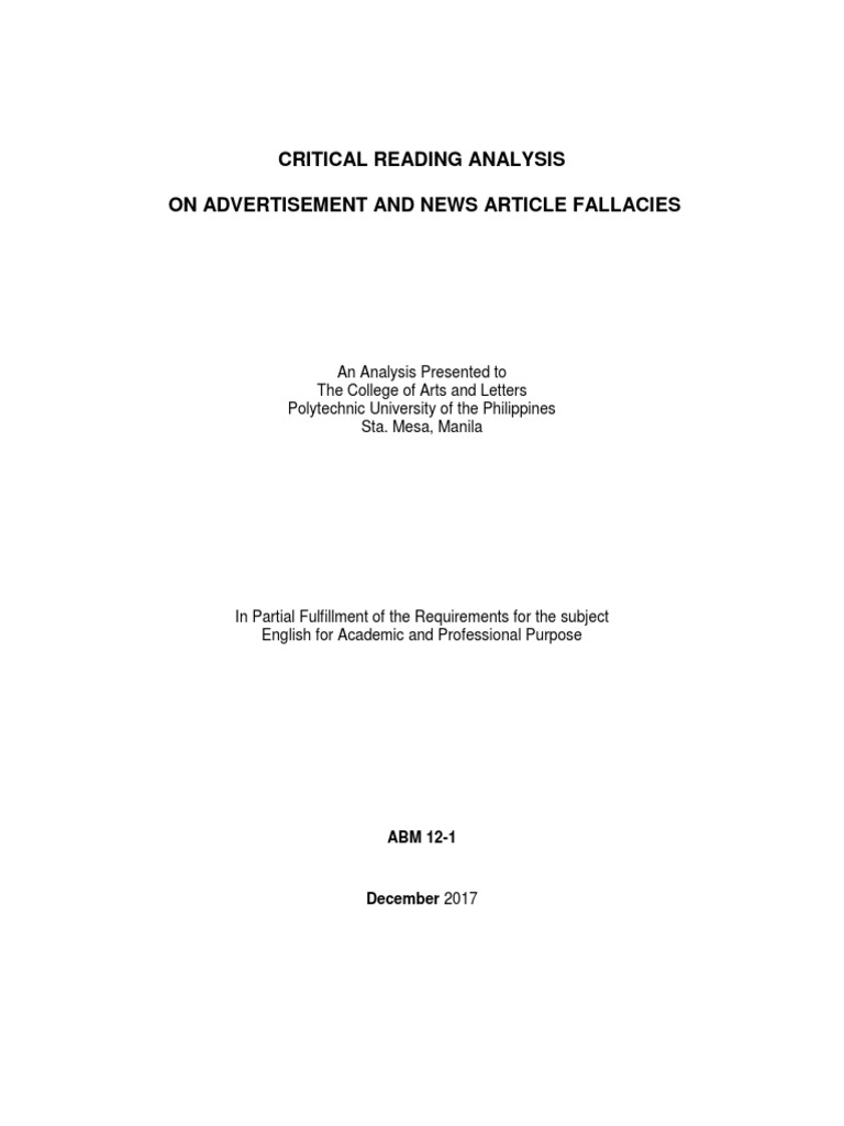 Critical Reading Analysis On Advertisement and News Article Fallacies | PDF