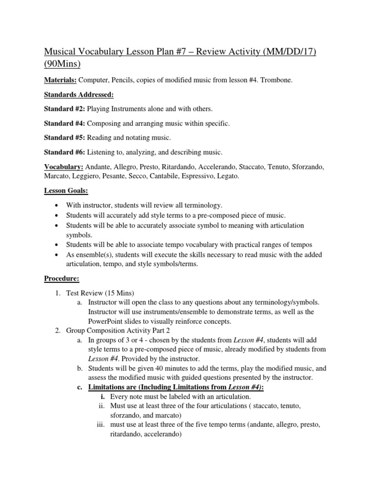 Musical Vocabulary Review Activity Plan | PDF | Tempo | Musical ...