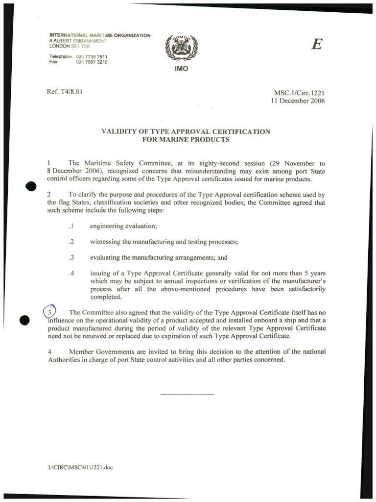 IMO MSC.1 Circ.1221 Validity Of Type Approval Certification For Marine ...