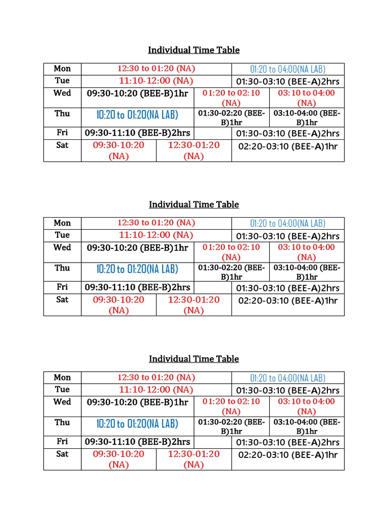 10:20 To 01:20 (NA LAB) : Individual Time Table | PDF