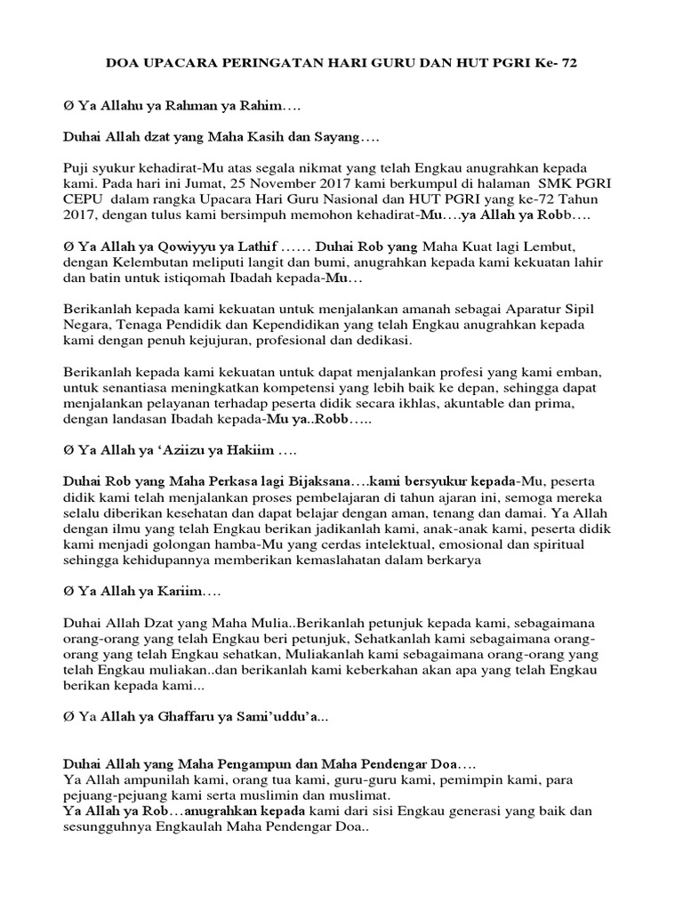 Doa Upacara Peringatan Hari Guru Dan Hut Pgri Ke | PDF