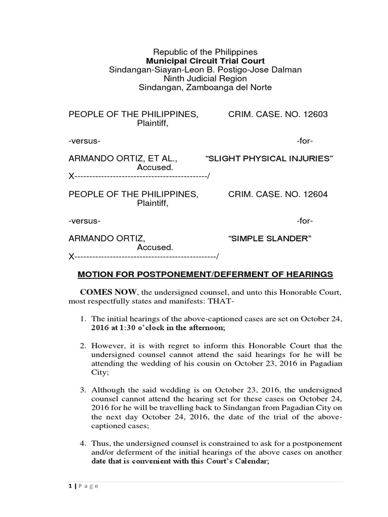 Motion for Postponement of Hearings | PDF | Legal Procedure | Government