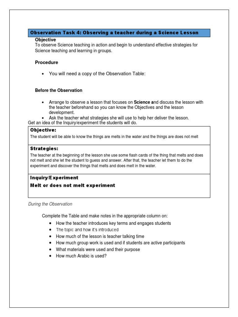 Observation Task 4 | PDF | Teachers | Experiment