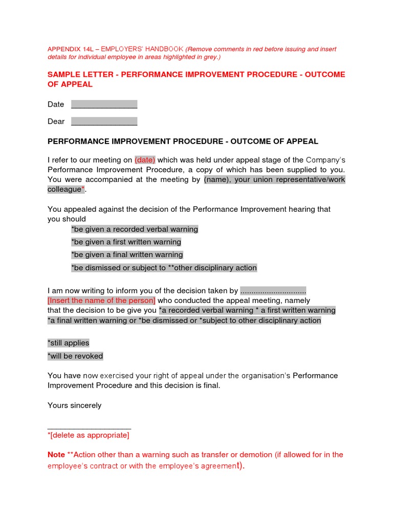 14L Sample Letter Outcome Appeal Following Disciplinary Action Poor ...