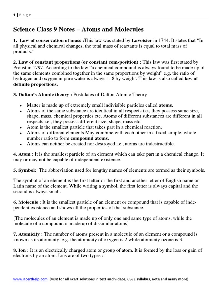 Science Class 9 Chapter 3 Notes | PDF | Mole (Unit) | Ion