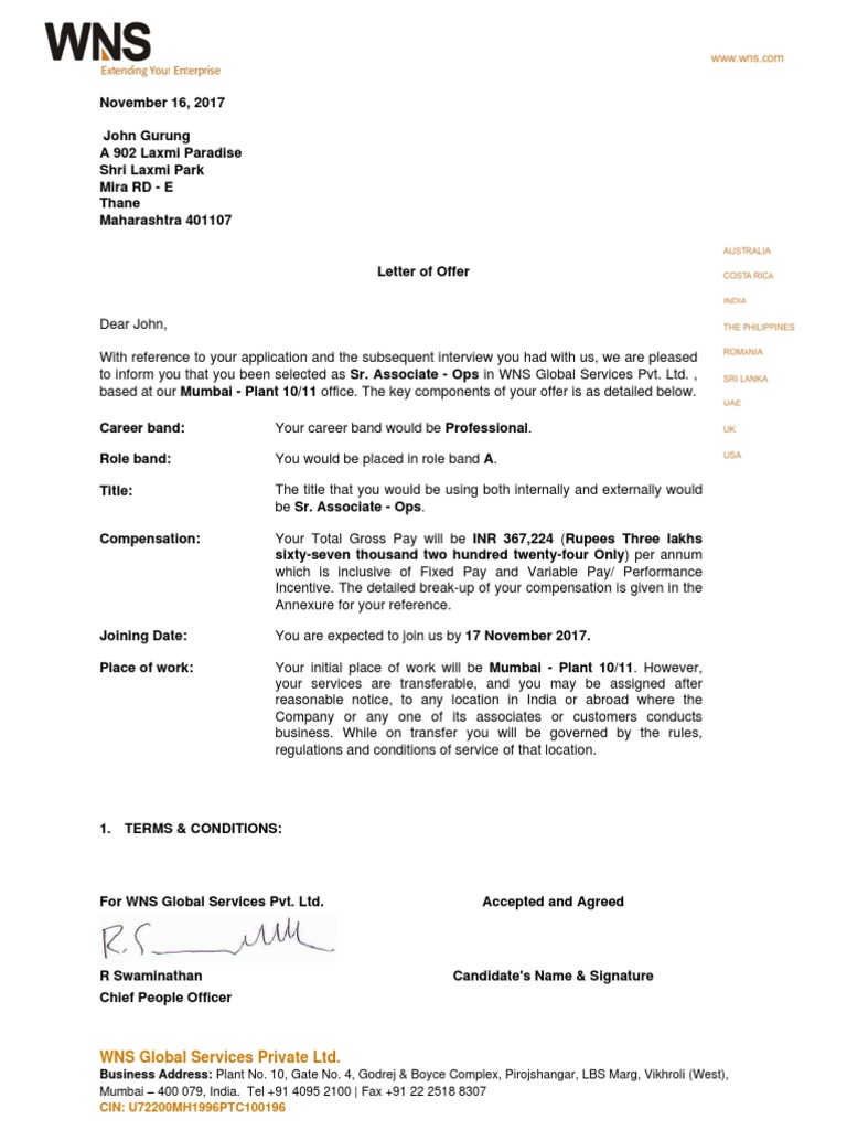 Wins Offer Letter by John | PDF | Identity Document | Employment