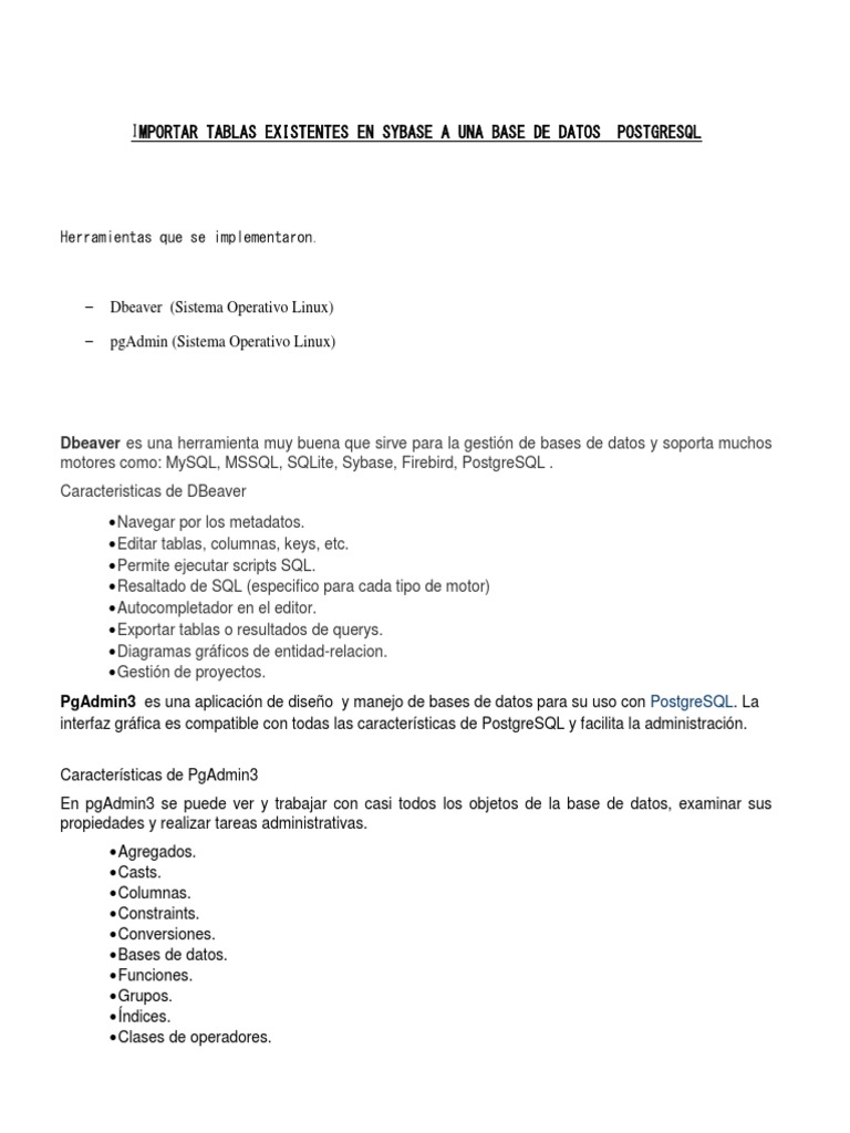 Importar Tablas Sybase a PostgreSQL | PDF | Tabla (base de datos) | Postgre Sql