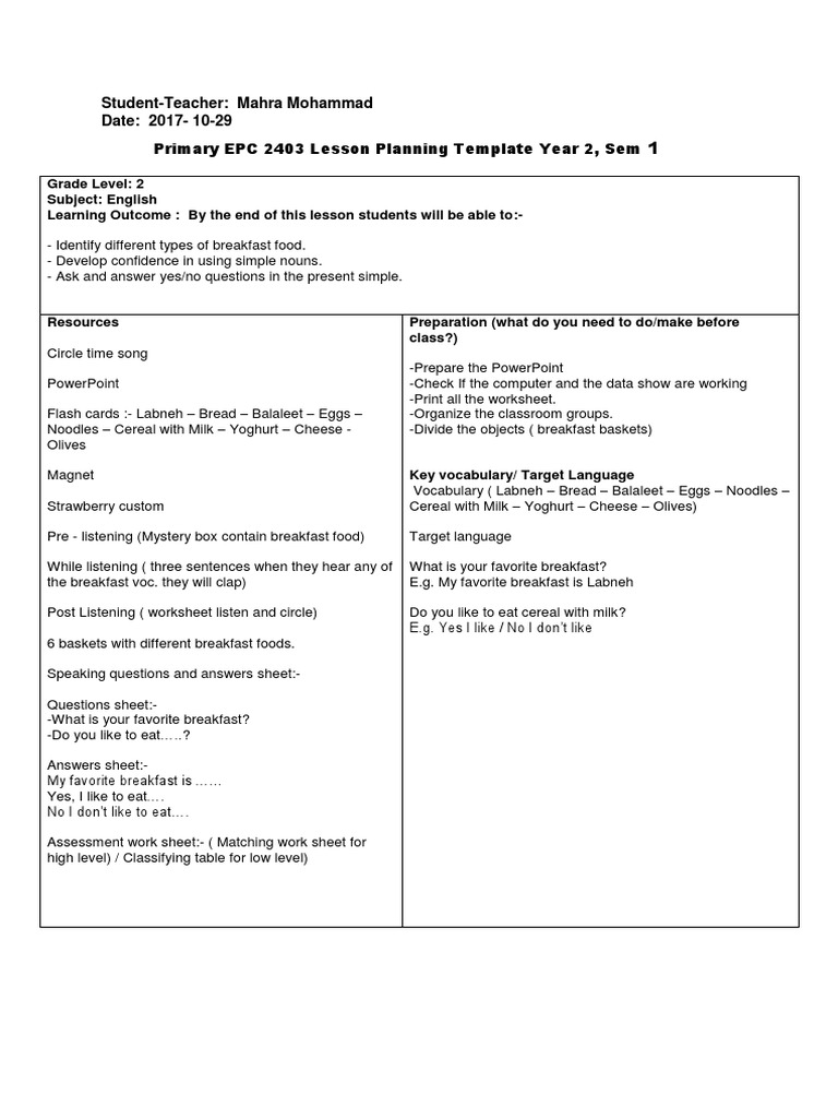 English Lesson Plan Breakfast | PDF | Psychological Concepts | Cognition
