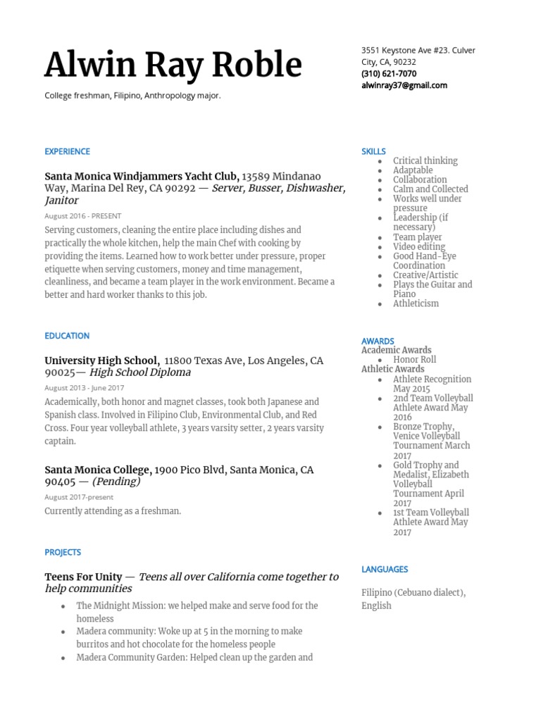 Alwin Ray Roble: Server, Busser, Dishwasher, Janitor | PDF