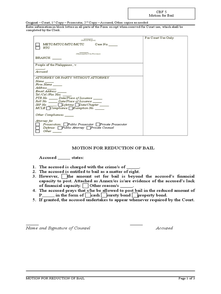 CBF 5 Motion For Reduction of Bail | Download Free PDF | Bail | Evidence