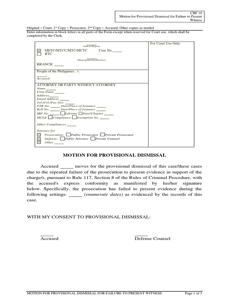Provisional Dismissal Motion Template | PDF | Prosecutor | Bail
