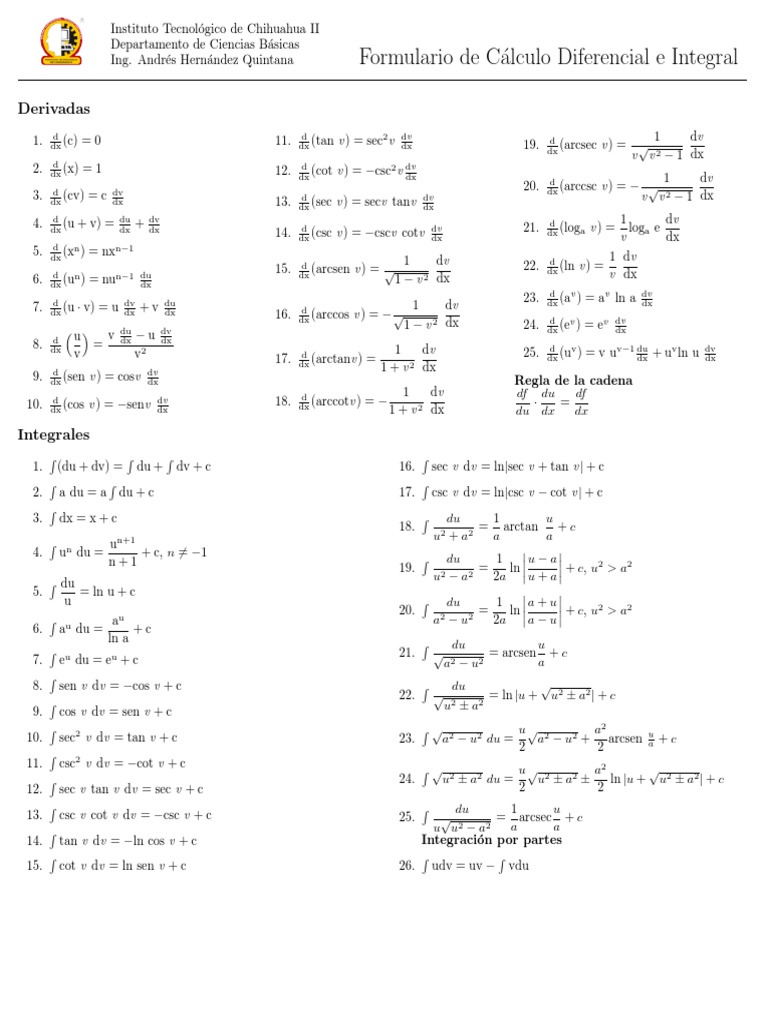 Formulario de Cálculo Integral y Derivadas | PDF | Teaching Methods ...