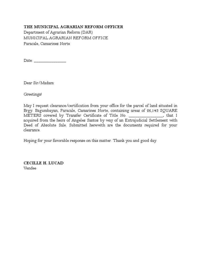 Letter Request for Clearance Letter Request for Clearance